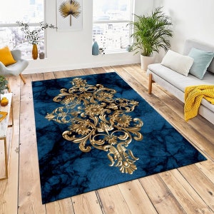 Blue and Gold Damask Rug, Ethnic Design Floral Carpet, Oriental Floor ...