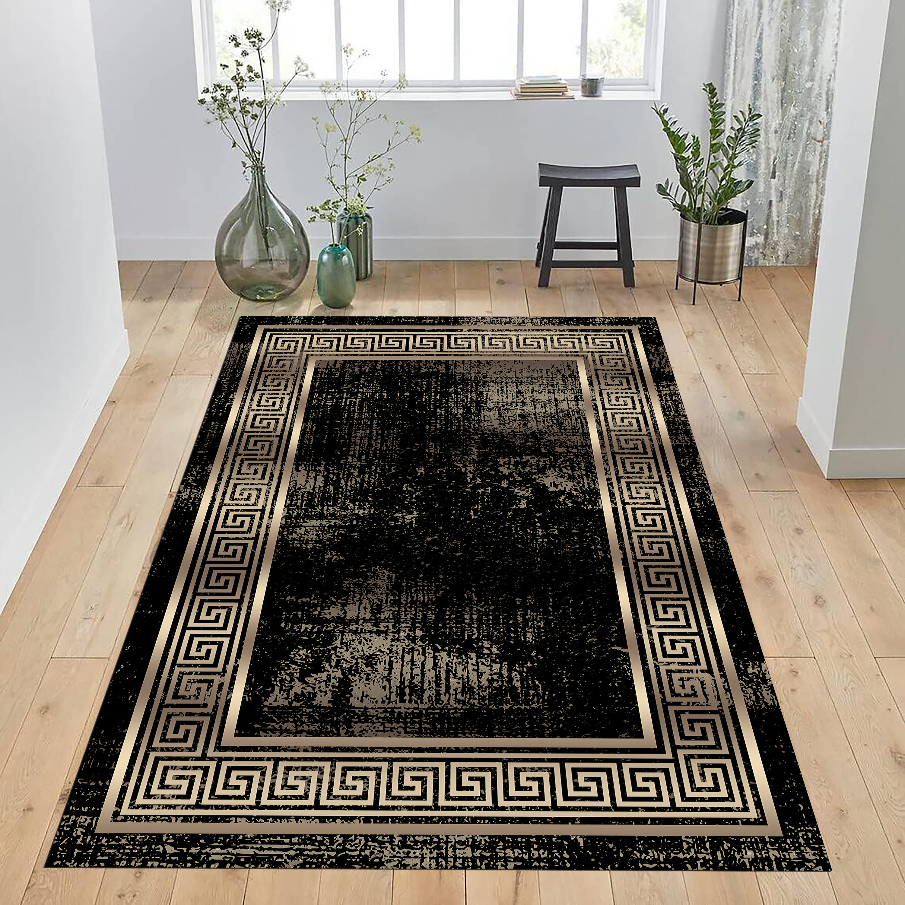 Black and Gold Ancient Greek Wave Rug, Greek Mythology, Modern Rug ...