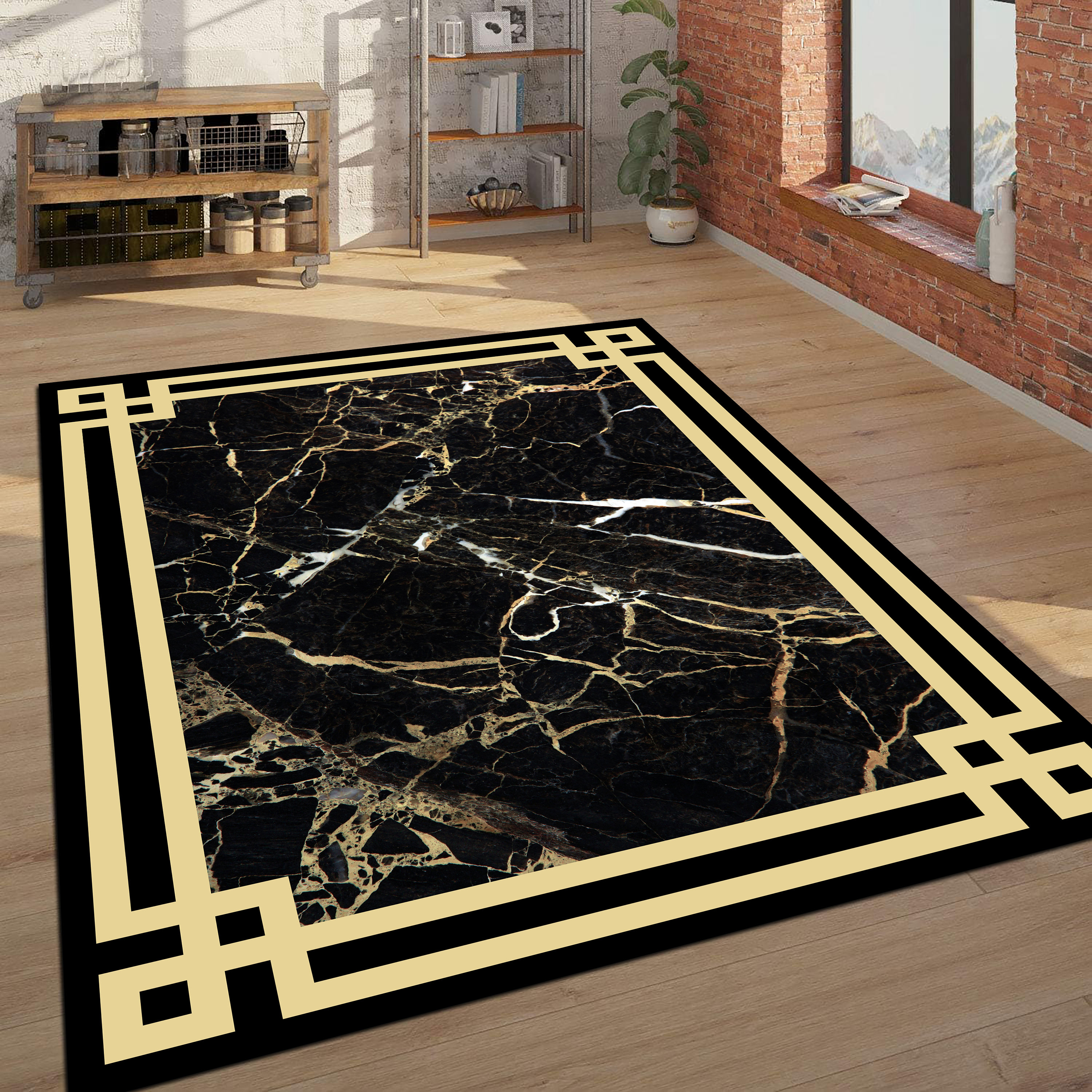 Black and Gold Marble Area Rug, for Living Room, Medusa Carpet, Greek ...