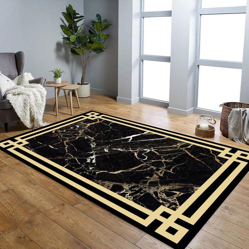 Black and Gold Marble Area Rug, for Living Room, Medusa Carpet, Greek ...
