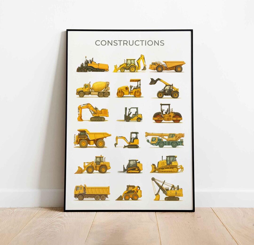Construction Vehicles Poster, Excavator, Bulldozers, Loaders ...