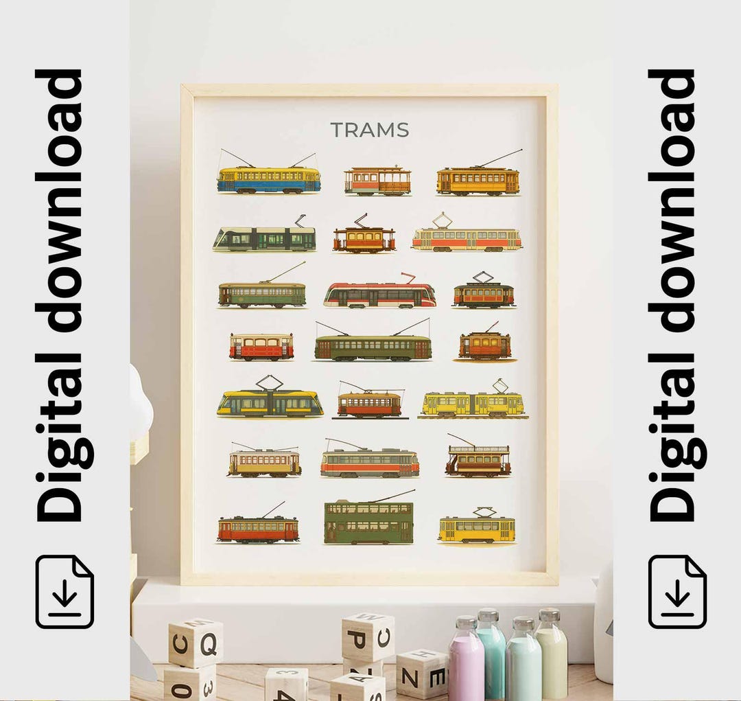 Trams Collage Printable, Tram Poster, Transportation Print, Kids Room ...