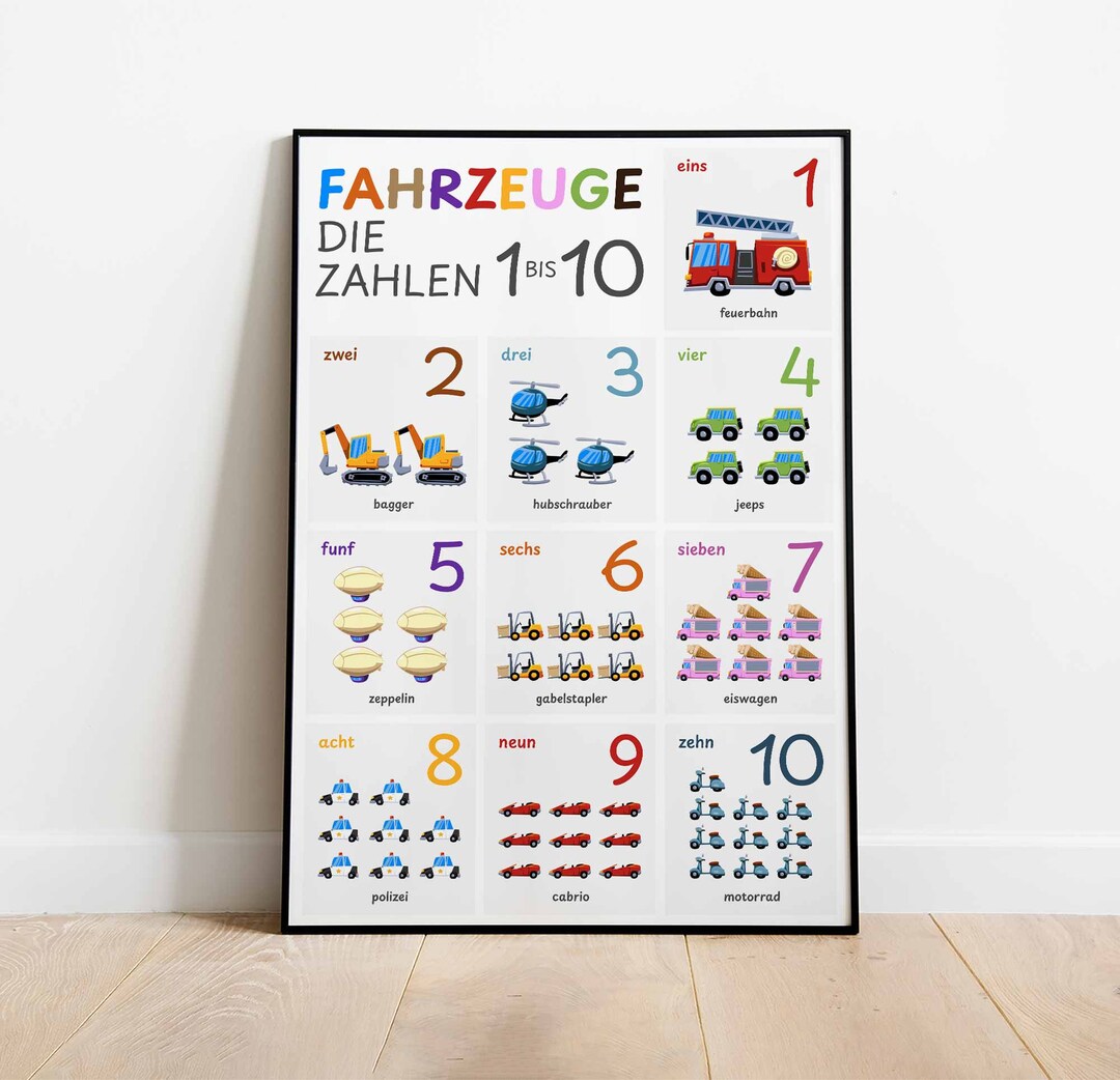 Educational Poster With Numbers in German, Nursery Vehicles Count to 10 ...