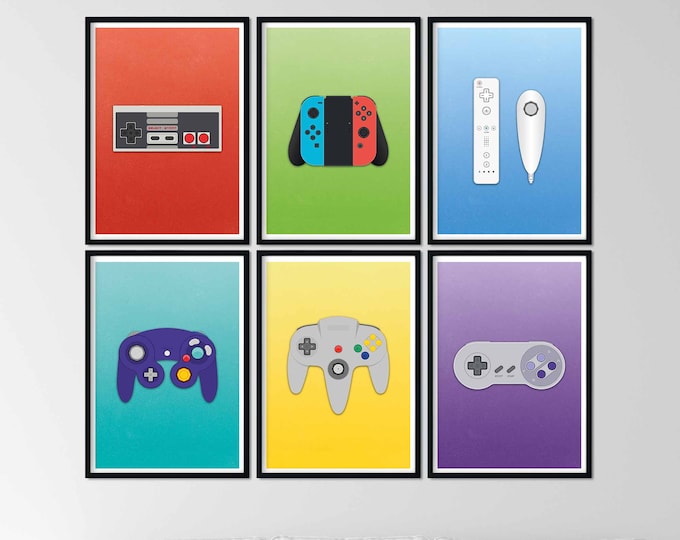 Retro Video Game Controller Prints: Geeky Gaming Room Art (set of 6 ...