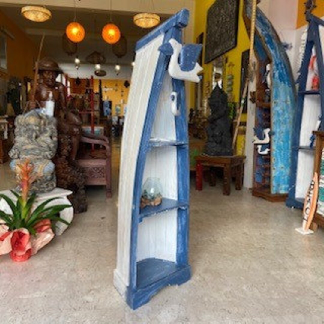 Canoe Ethnic Wooden Bookcase in White Blue Pastel Color Decorative Boat ...