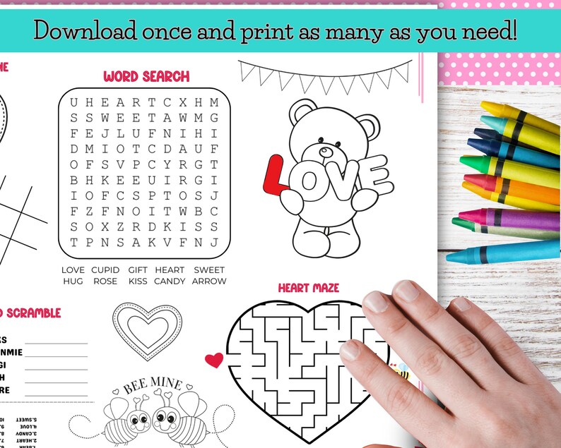 Valentine Coloring Placemat, Printable Valentine's Activity Mat ...