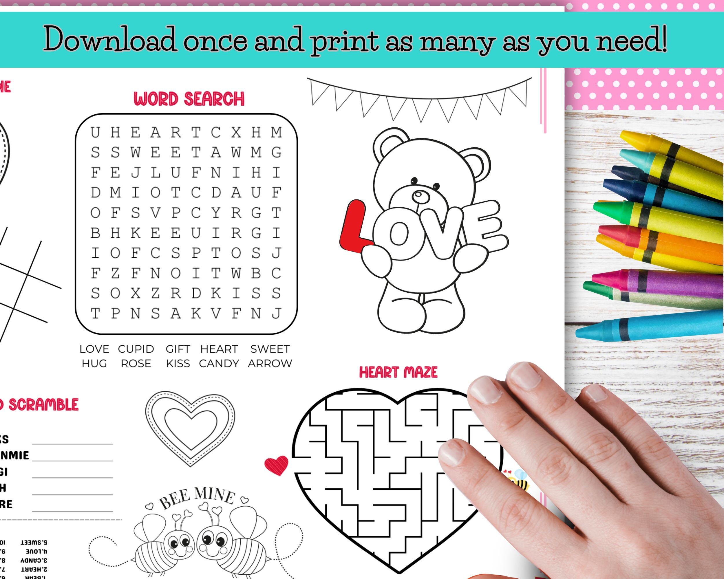 Valentine Coloring Placemat, Printable Valentine's Activity Mat ...