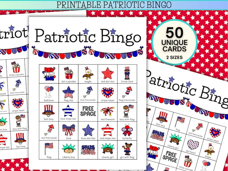 50 Card Printable Patriotic Bingo, Fourth of July Games, Games for Kids ...
