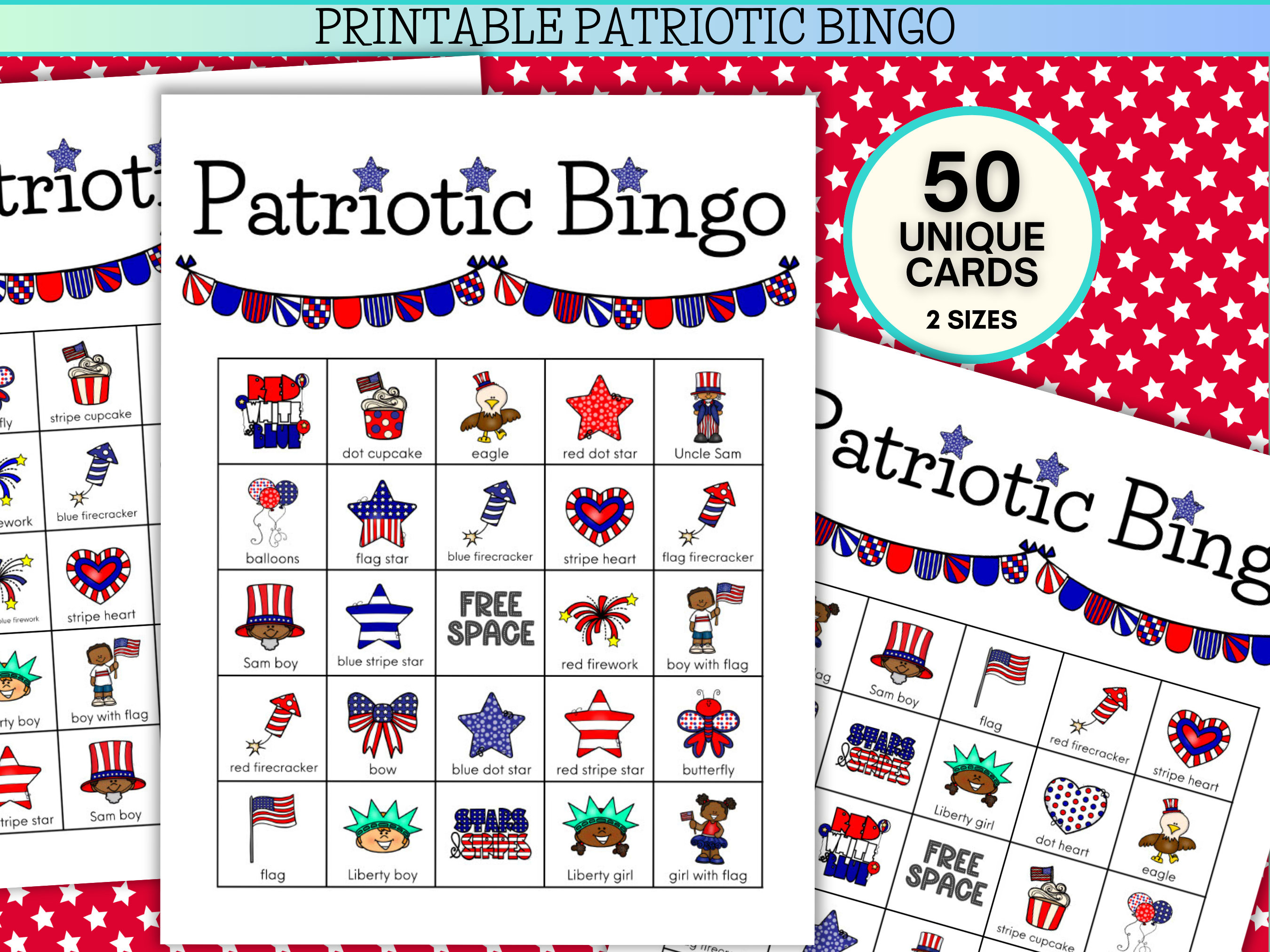 50 Card Printable Patriotic Bingo, Fourth of July Games, Games for Kids ...