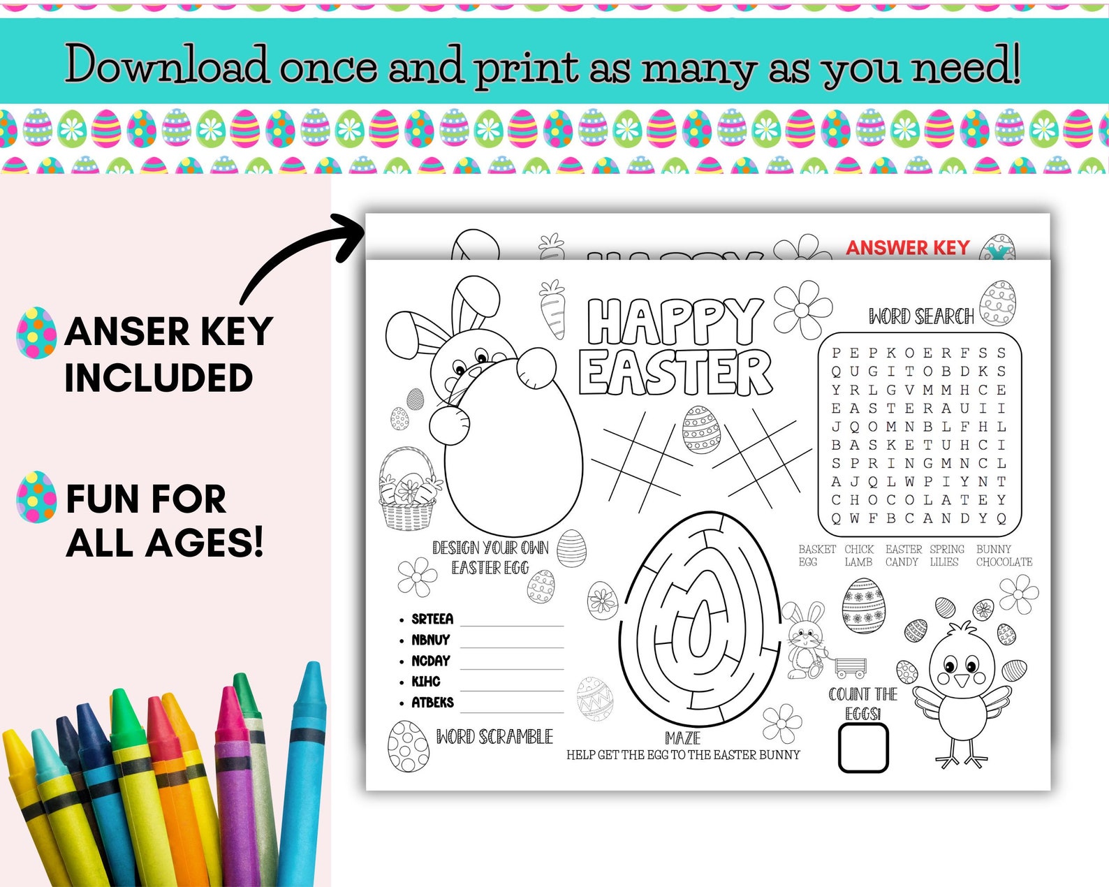 Easter Coloring Placemat, Printable Easter Activity Mat, Easter Table ...