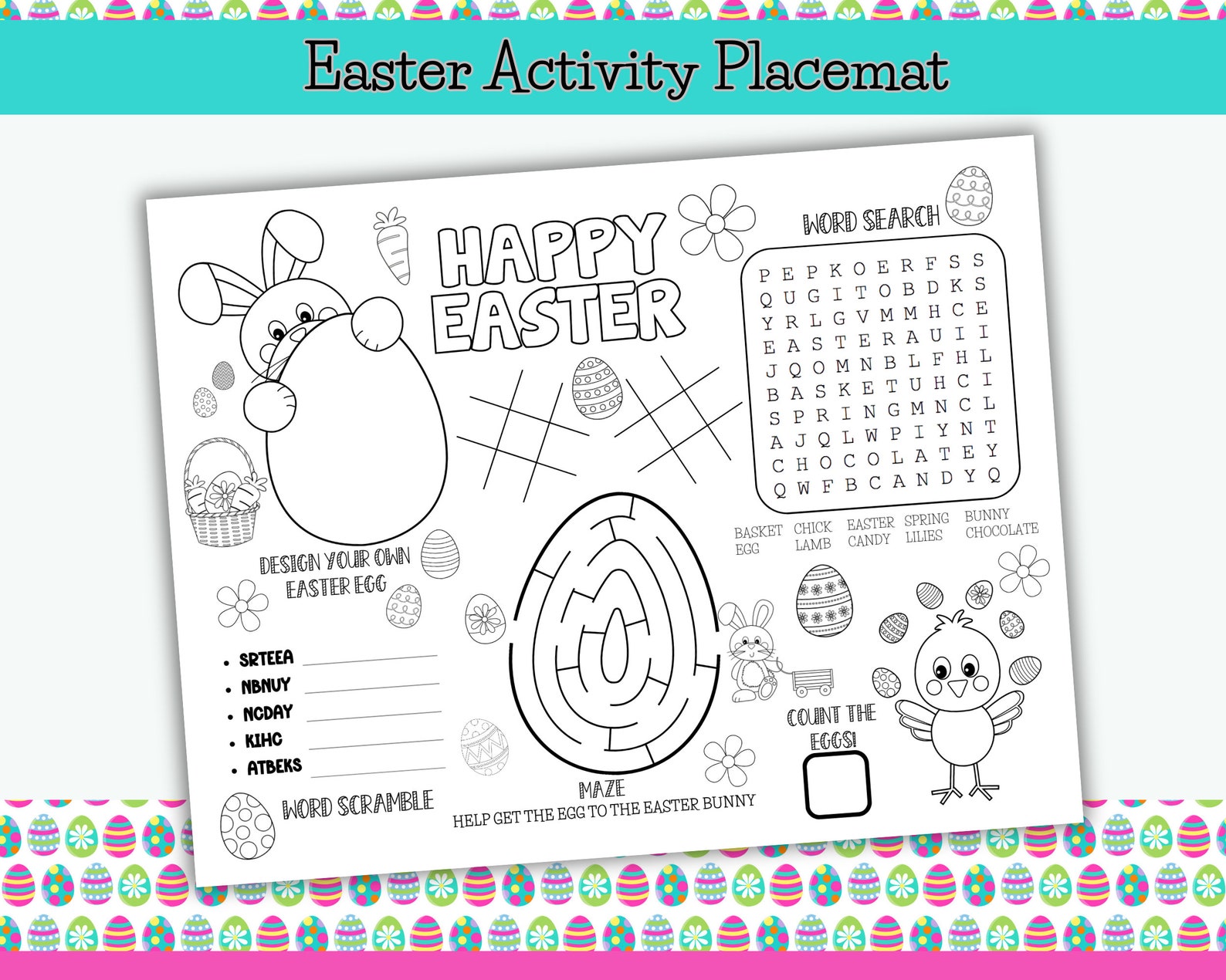 Easter Coloring Placemat, Printable Easter Activity Mat, Easter Table ...