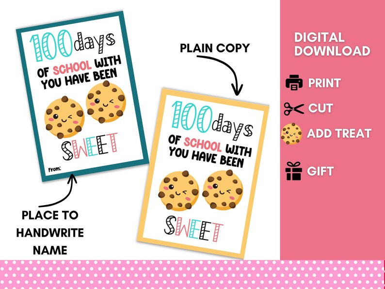 Printable 100th Day of School Cookie Tags, Classroom Happy 100 Days of ...