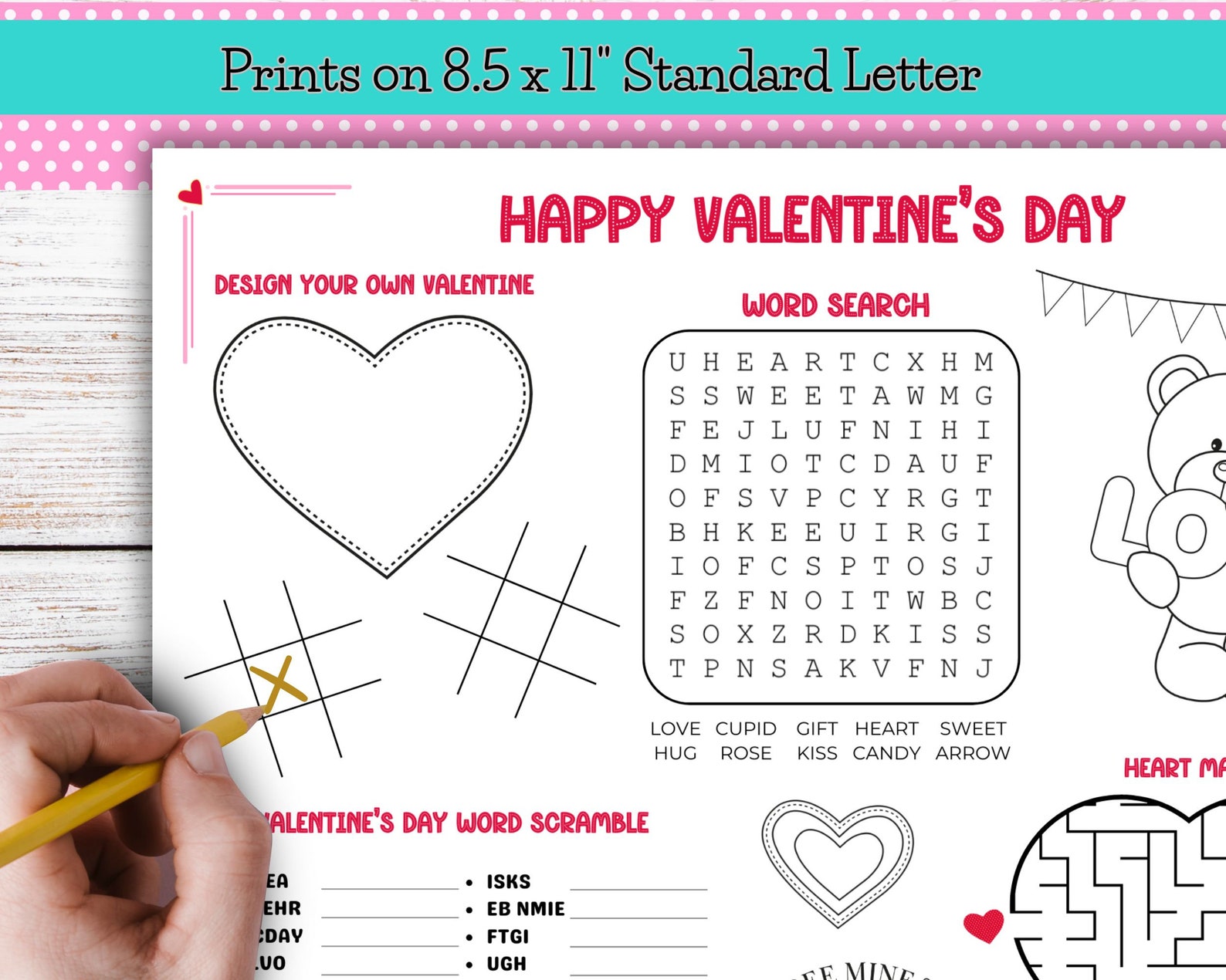 Valentine Coloring Placemat, Printable Valentine's Activity Mat ...