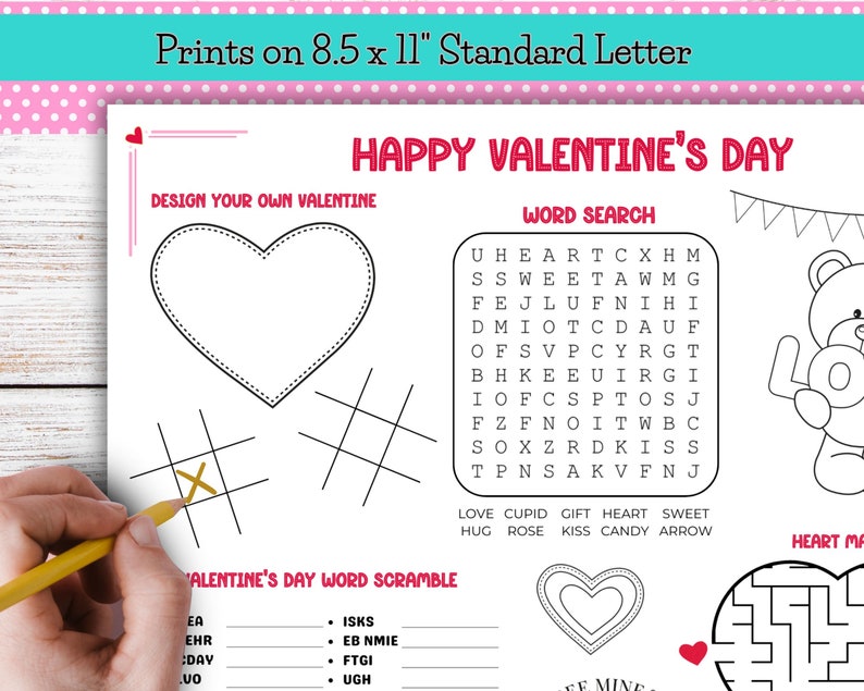 Valentine Coloring Placemat, Printable Valentine's Activity Mat ...