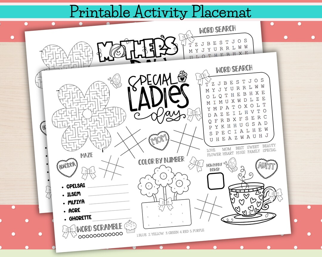 Printable Mother's Day Activity Placemat, Special Ladies Day Activity ...