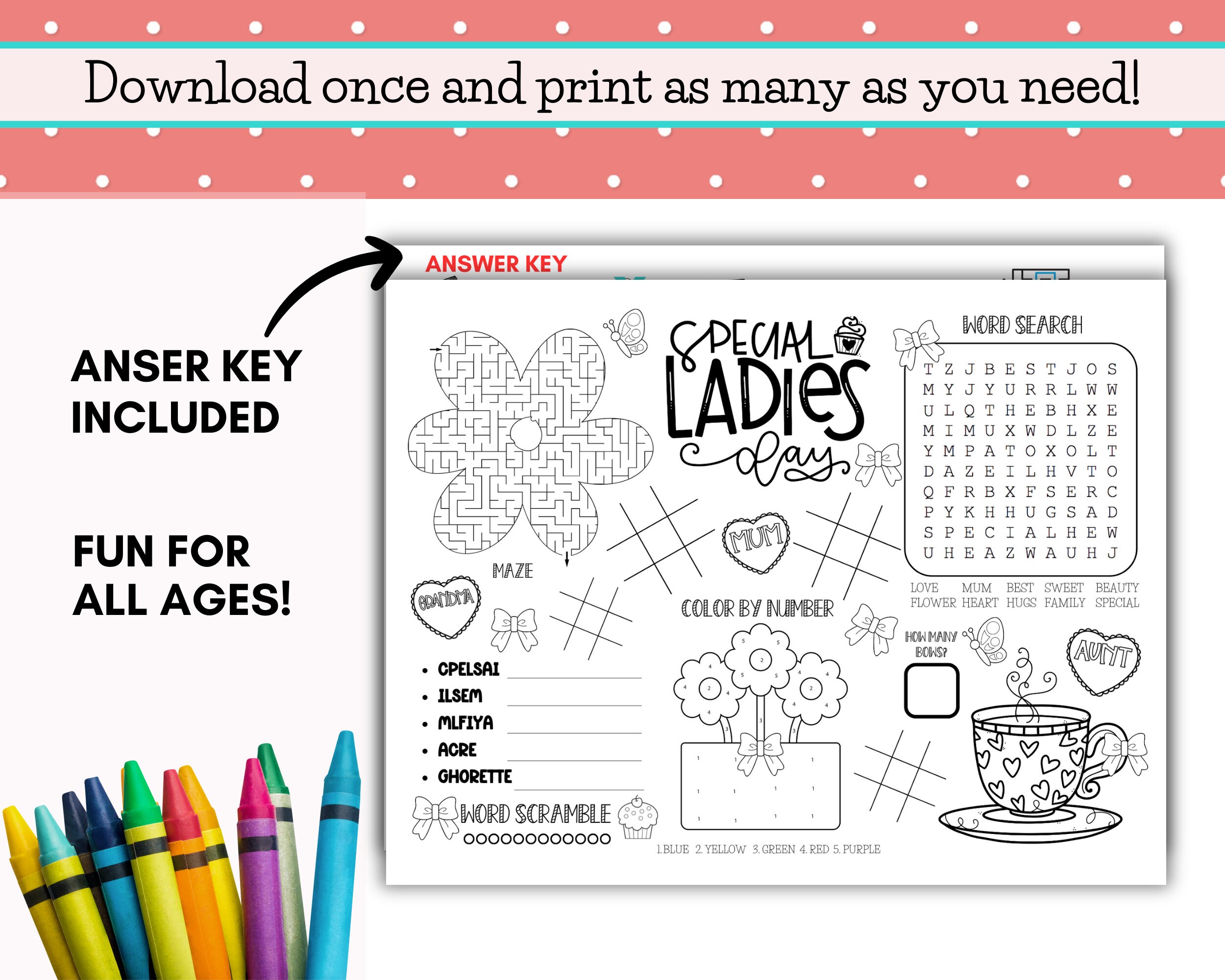 Printable Mother's Day Activity Placemat, Special Ladies Day Activity ...