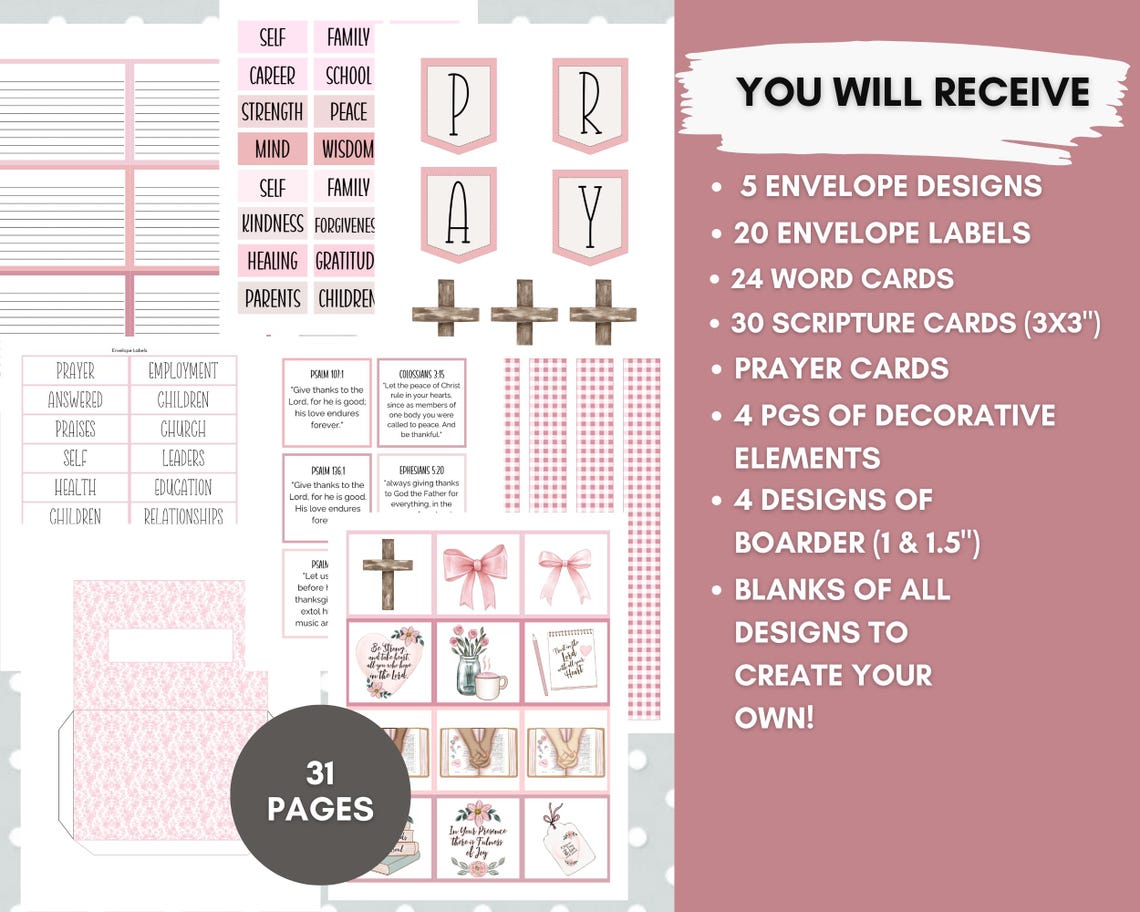 Printable Pink Prayer Board Kit, Prayer Cards, Scripture Cards, Praise ...