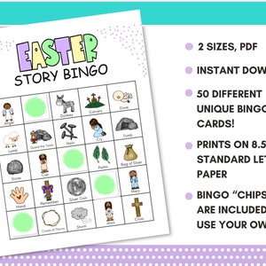 50 Card Printable Easter Story Bingo, Resurrection Bingo, Easter Bible ...