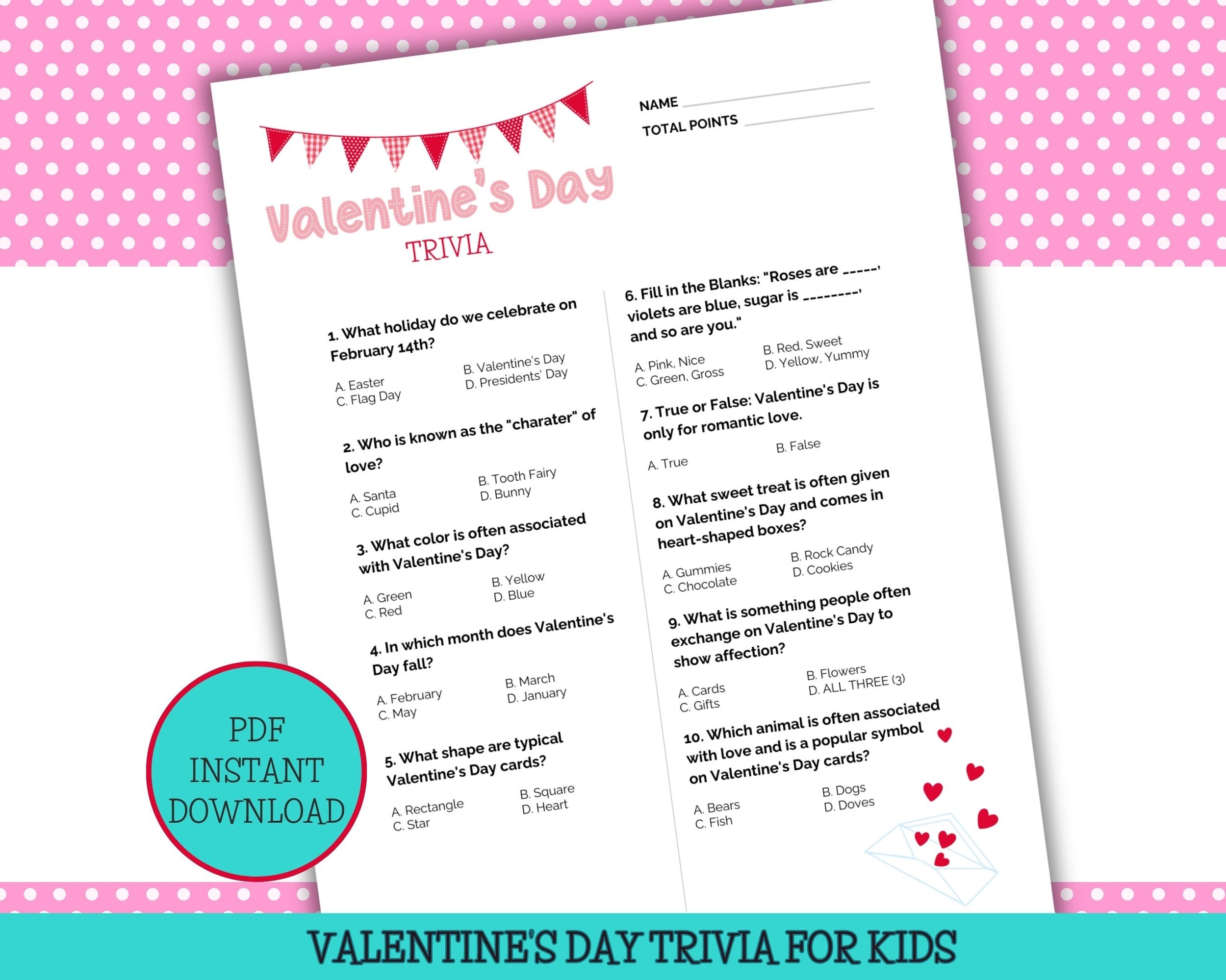 Valentine's Day Trivia Fun for Kids - Printable Game - Etsy