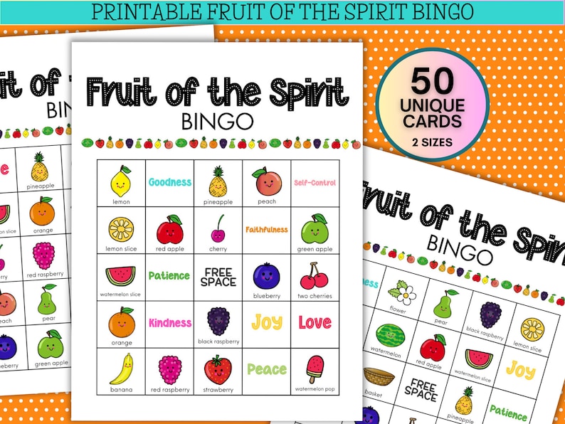 50 Card Printable Fruit of the Spirit Bingo, Bible Games for Kids ...
