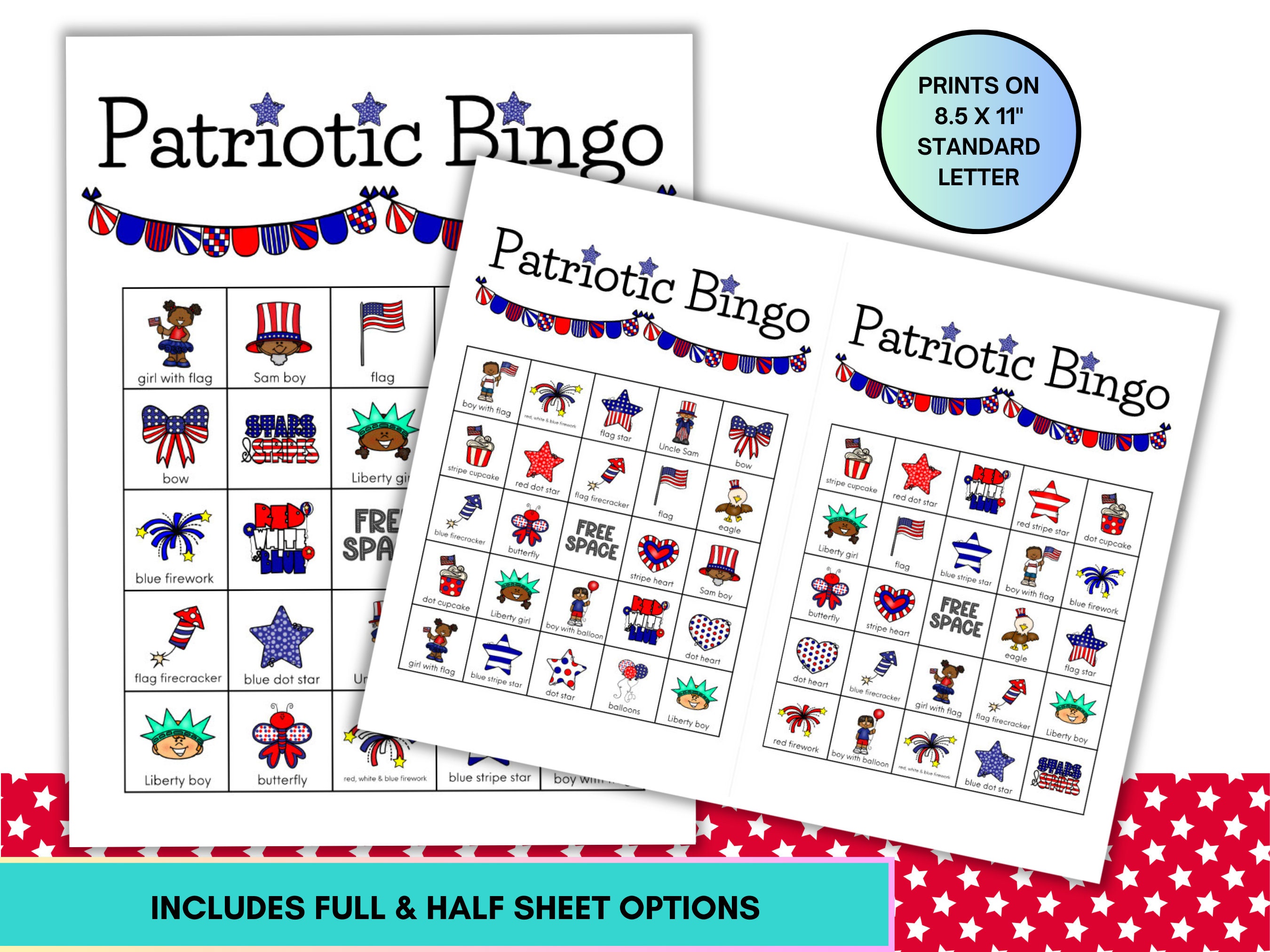 50 Card Printable Patriotic Bingo, Fourth of July Games, Games for Kids ...