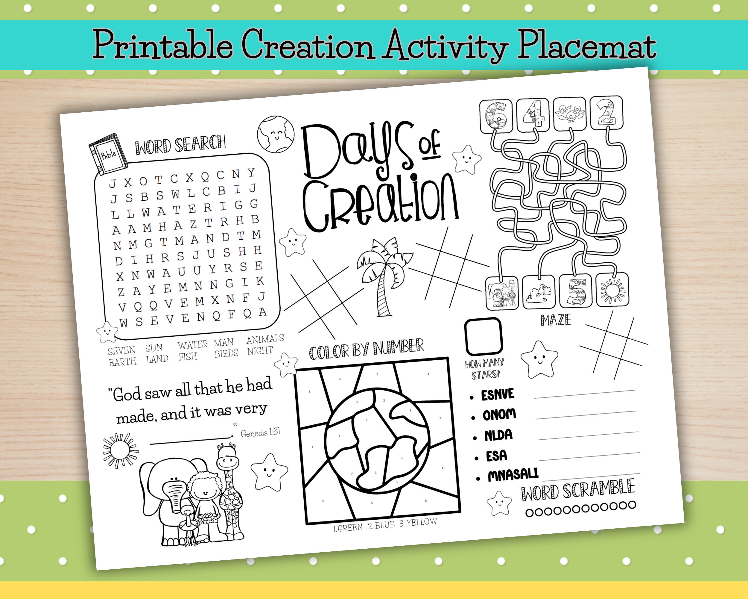 Creation Bible Story Activity Placemat, Printable Bible Activity Mat ...