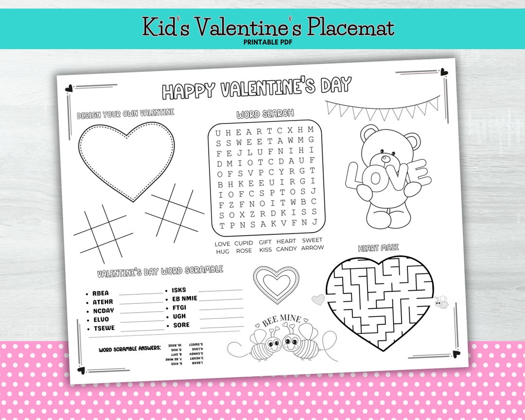 Valentine Coloring Placemat, Printable Valentine's Activity Mat ...