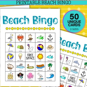 50 Card Printable Beach Bingo Cards, Beach Bingo for Kids, Games for ...