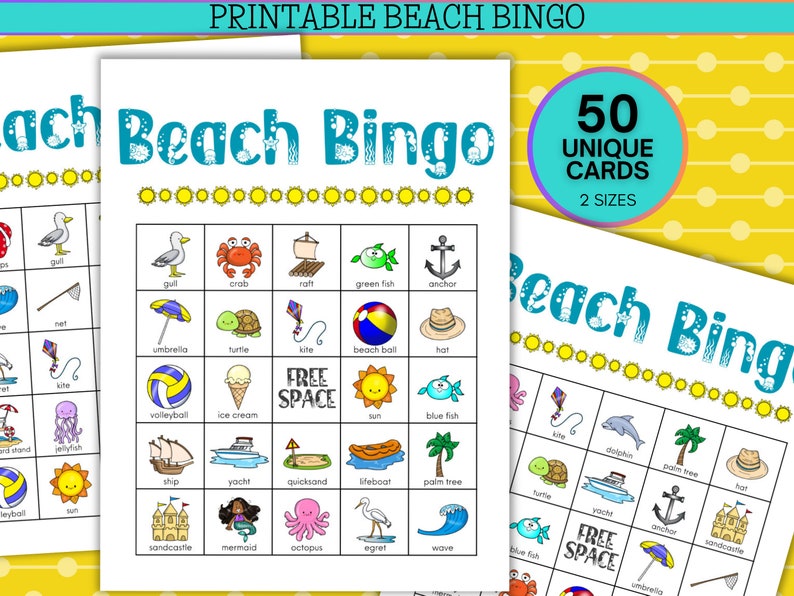 50 Card Printable Beach Bingo Cards, Beach Bingo for Kids, Games for ...