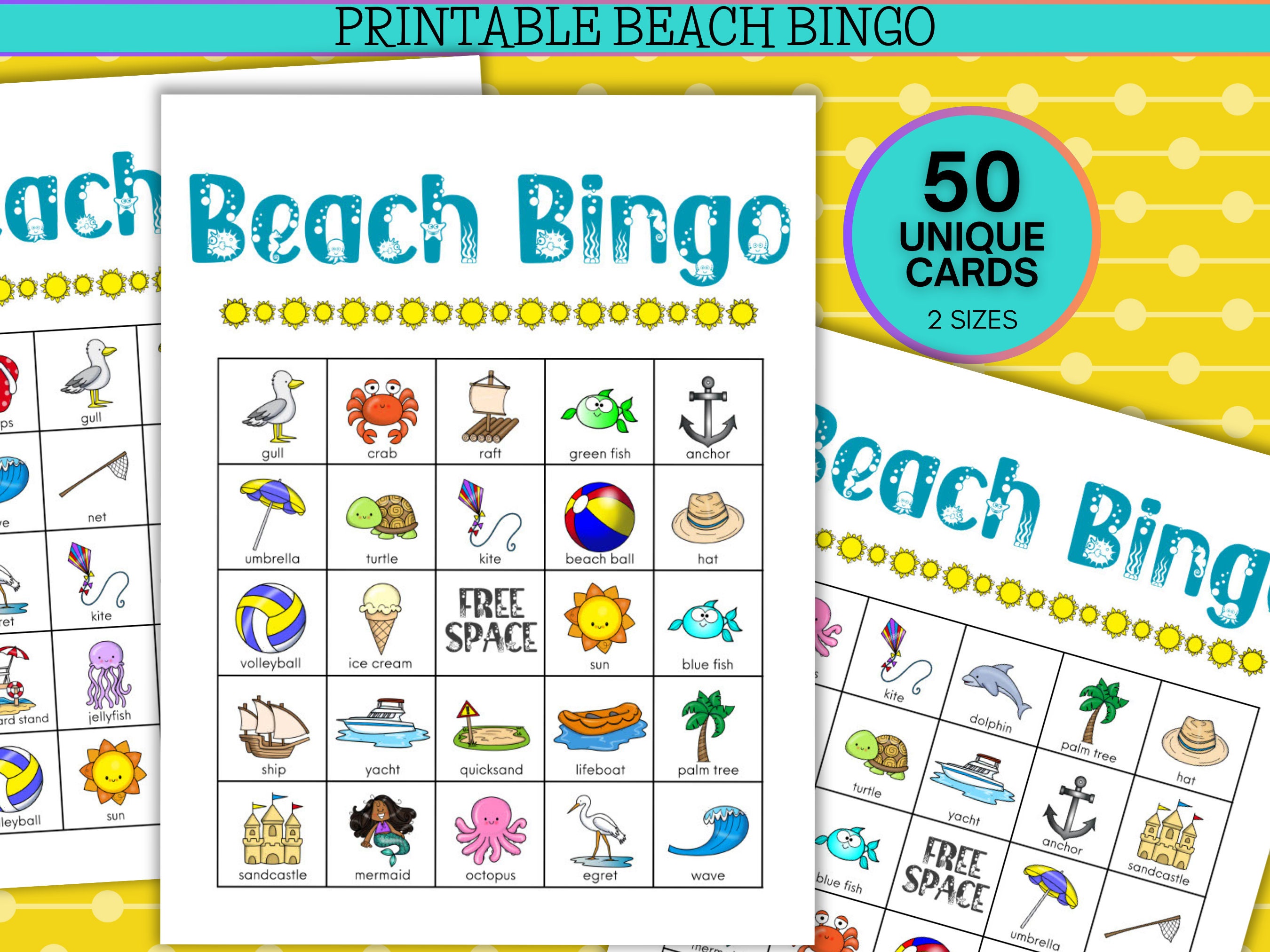 50 Card Printable Beach Bingo Cards, Beach Bingo for Kids, Games for ...