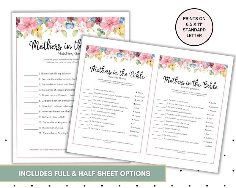 Printable Mothers in the Bible Matching Game, Printable Mother's Day ...