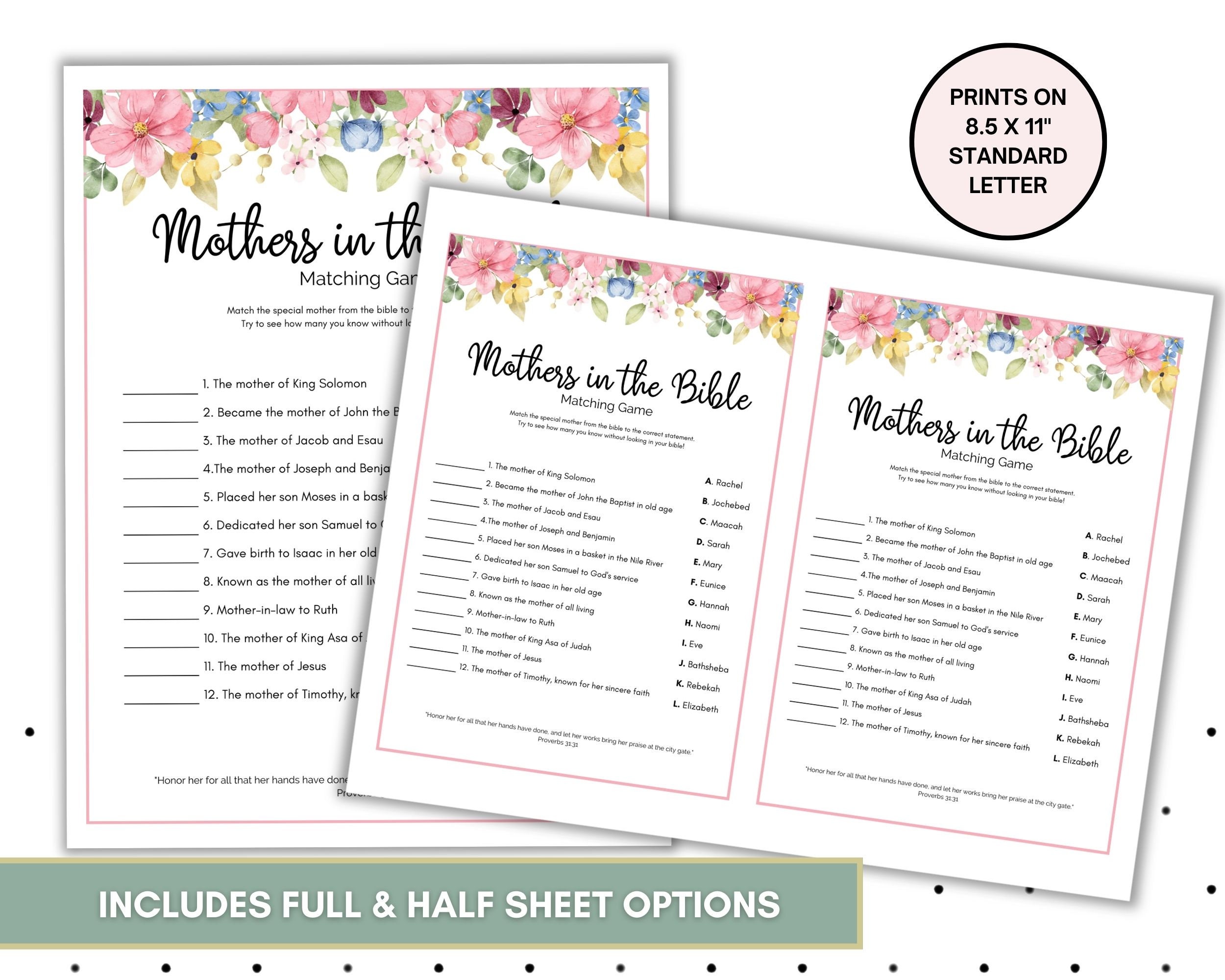 Printable Mothers in the Bible Matching Game, Printable Mother's Day ...