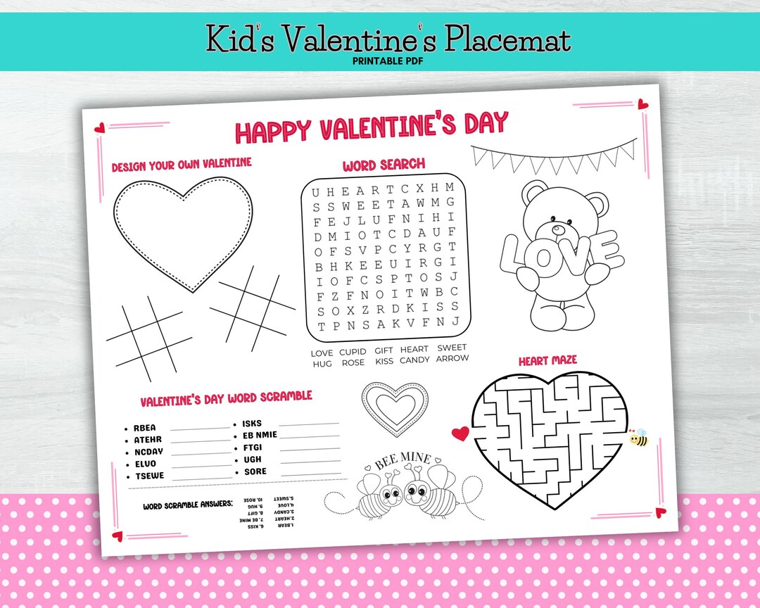 Valentine Coloring Placemat, Printable Valentine's Activity Mat ...