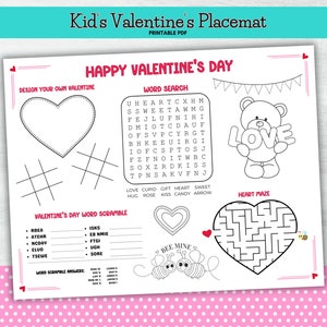 Valentine Coloring Placemat, Printable Valentine's Activity Mat ...