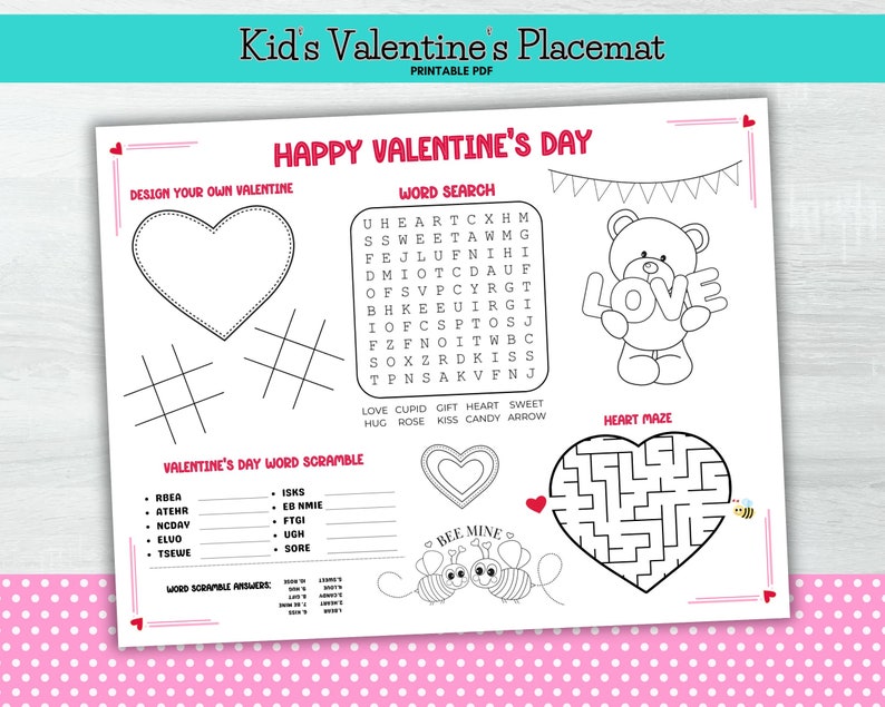 Valentine Coloring Placemat, Printable Valentine's Activity Mat ...