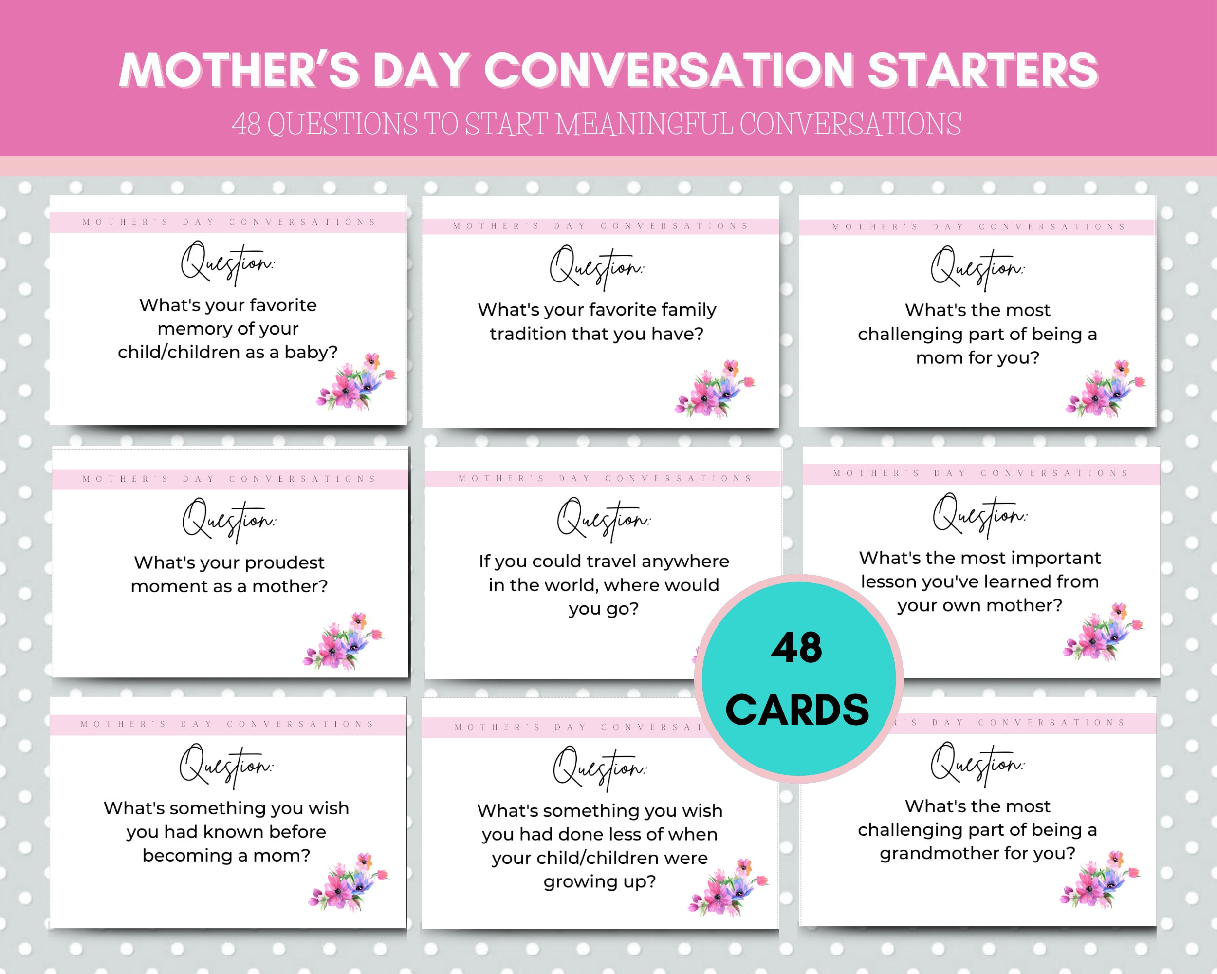 48 Printable Mother's Day Conversation Cards, Mom Conversation Starters ...