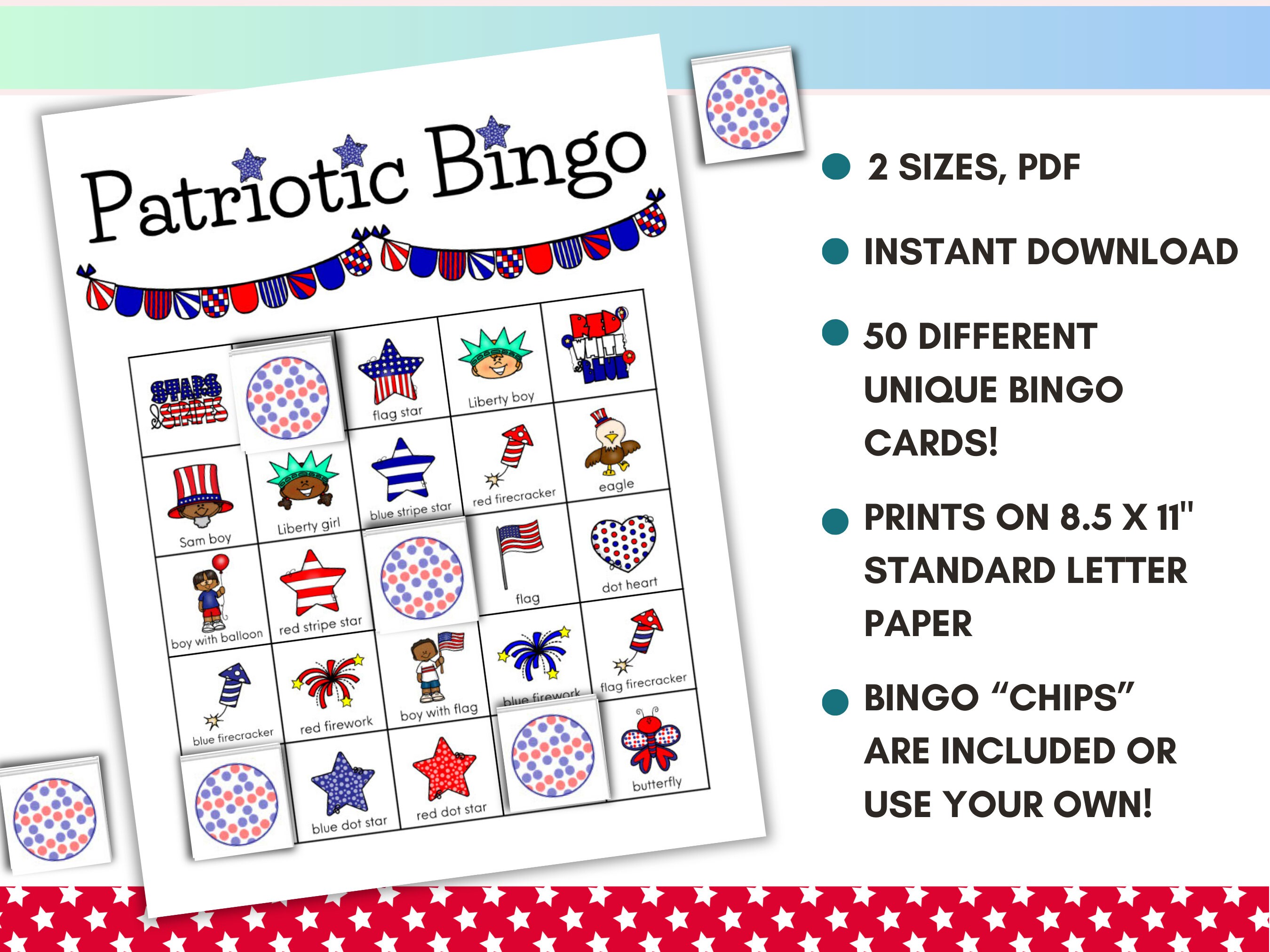 50 Card Printable Patriotic Bingo, Fourth of July Games, Games for Kids ...
