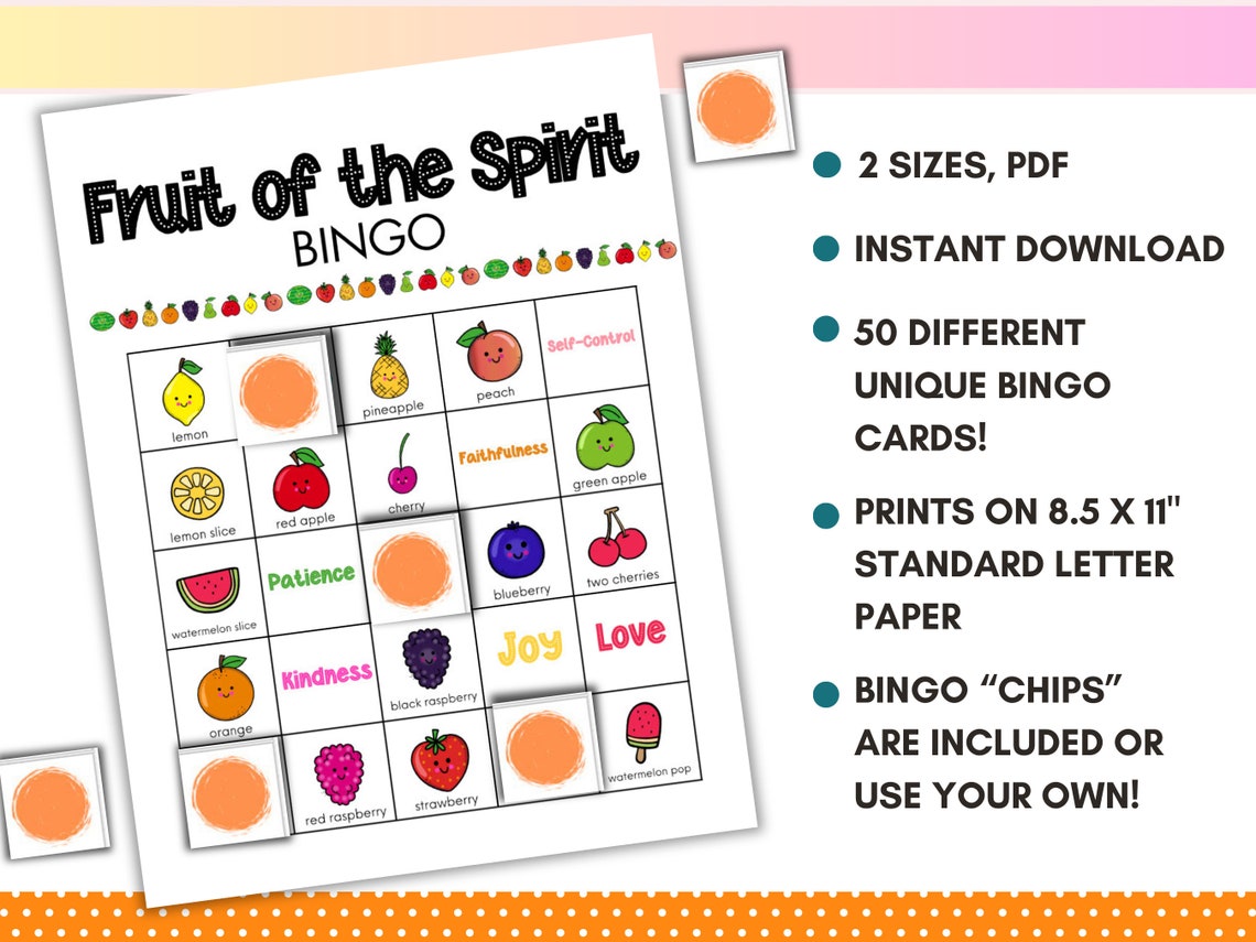 50 Card Printable Fruit of the Spirit Bingo, Bible Games for Kids ...
