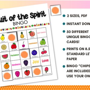 50 Card Printable Fruit of the Spirit Bingo, Bible Games for Kids ...