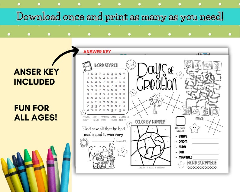 Creation Bible Story Activity Placemat, Printable Bible Activity Mat ...