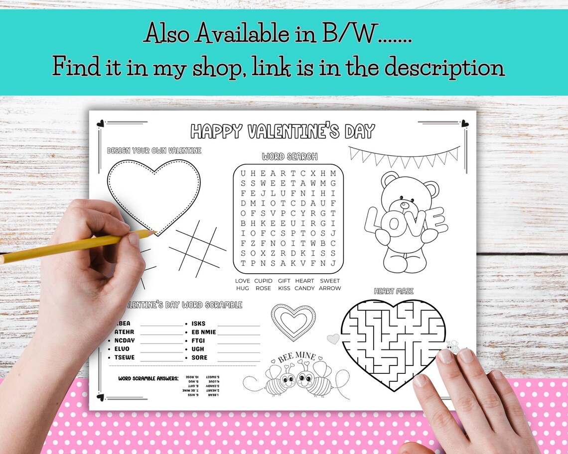 Valentine Coloring Placemat, Printable Valentine's Activity Mat ...