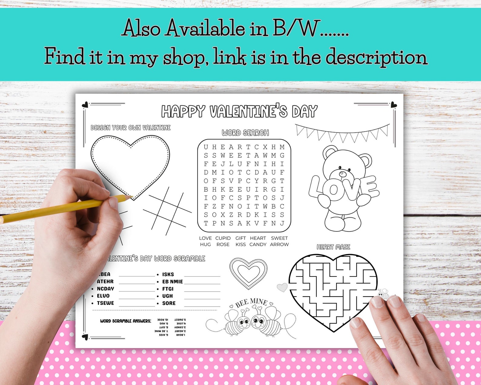 Valentine Coloring Placemat, Printable Valentine's Activity Mat ...
