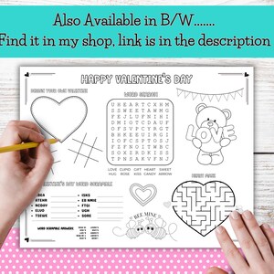 Valentine Coloring Placemat, Printable Valentine's Activity Mat ...