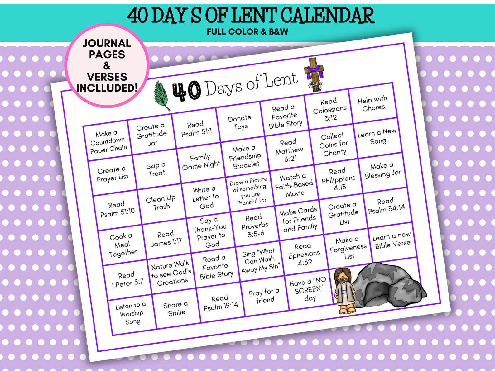 40 Days of Lent Calendar for Kids, Lent Journal for Kids, Printable ...