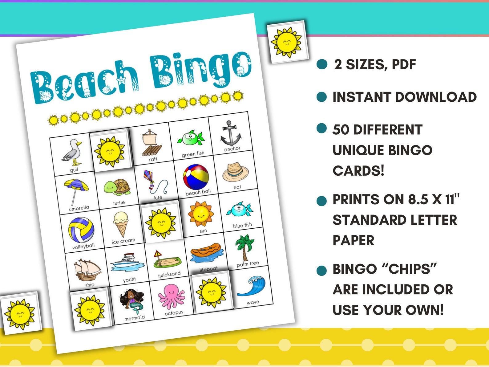 50 Card Printable Beach Bingo Cards, Beach Bingo for Kids, Games for ...