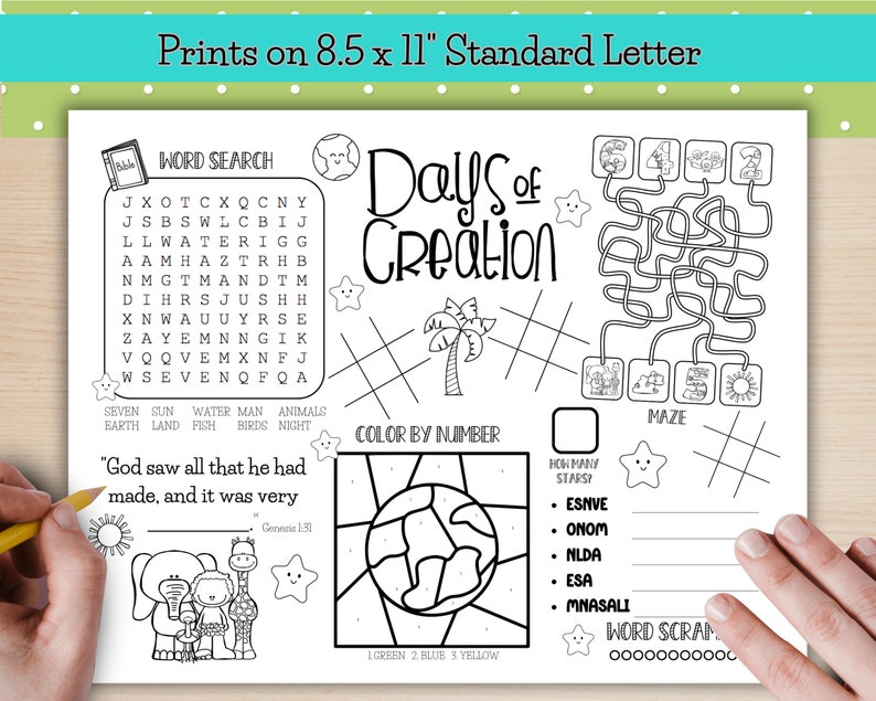 Creation Bible Story Activity Placemat, Printable Bible Activity Mat ...
