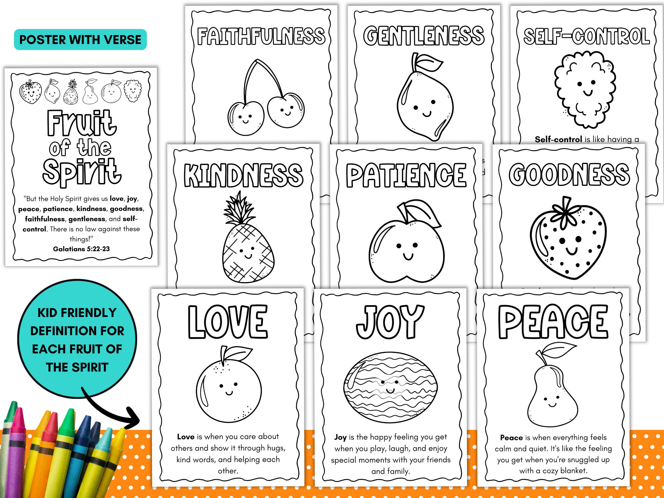 Printable Fruit of the Spirit Coloring Poster Set, Fruits of the Spirit ...