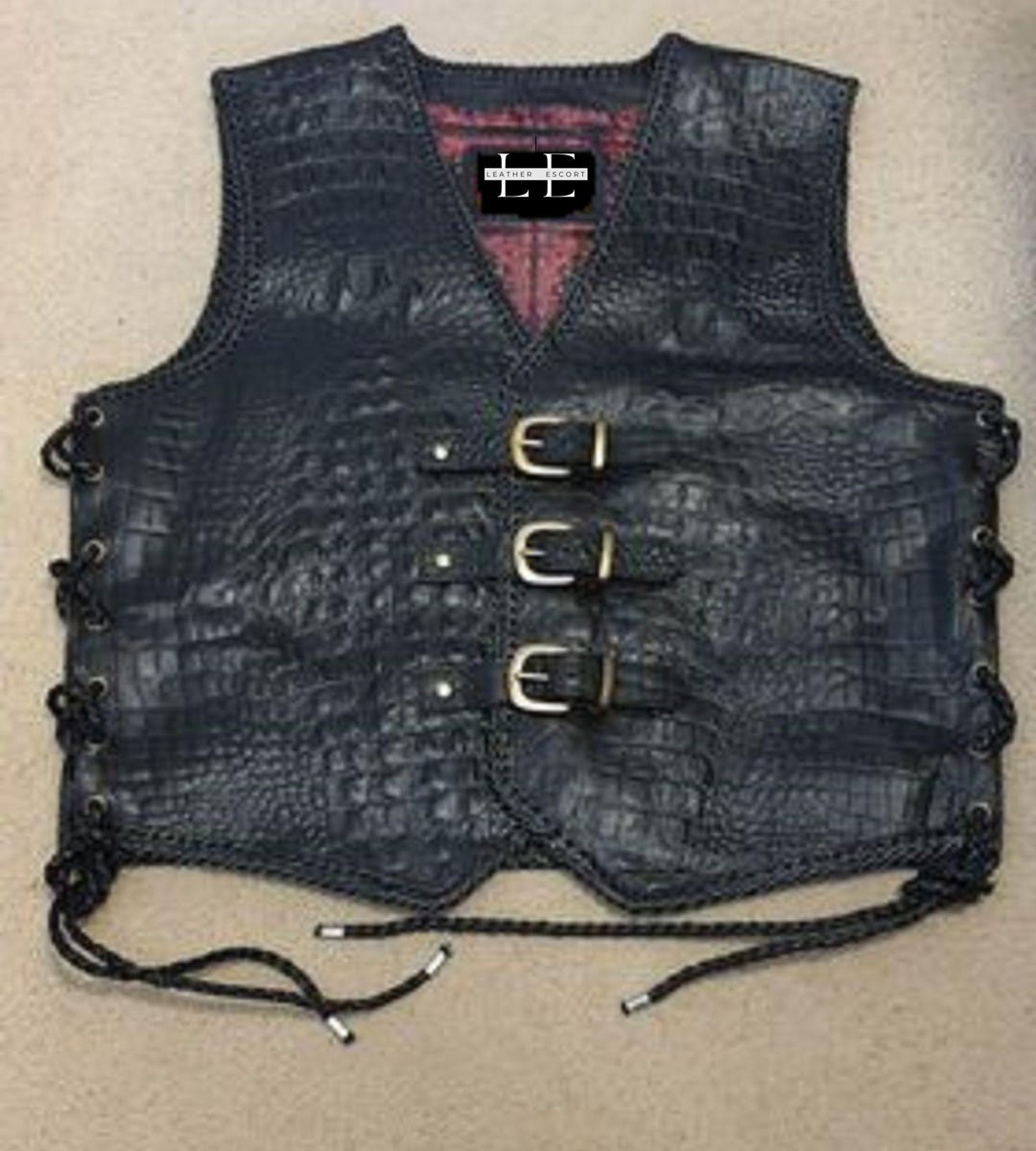 New Men's Crocodile Leather Vest, Biker Style Motorcycle Vest Black ...