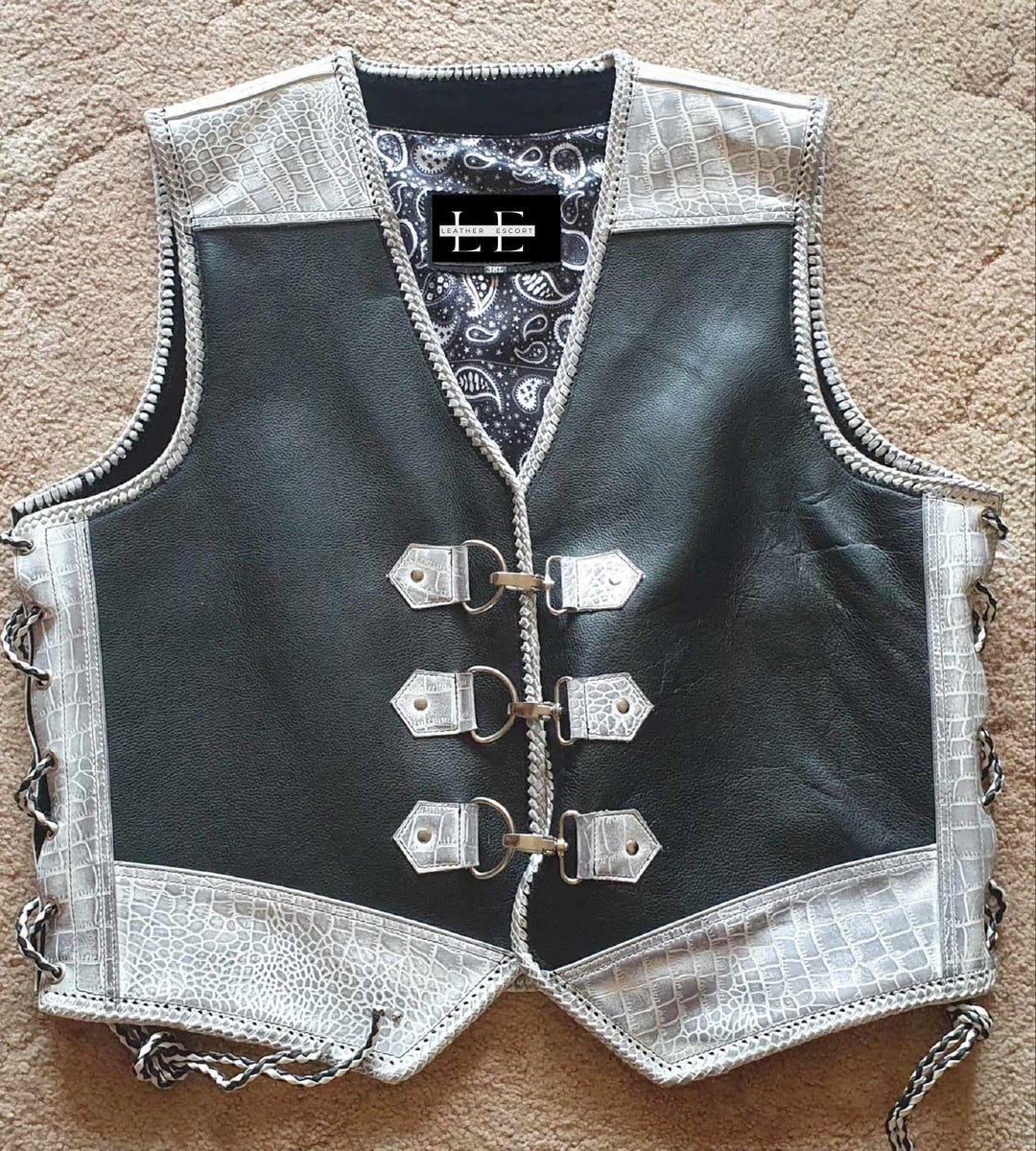 Men's Braided Alligator Embossed Leather Vest - Distressed Grey Biker ...