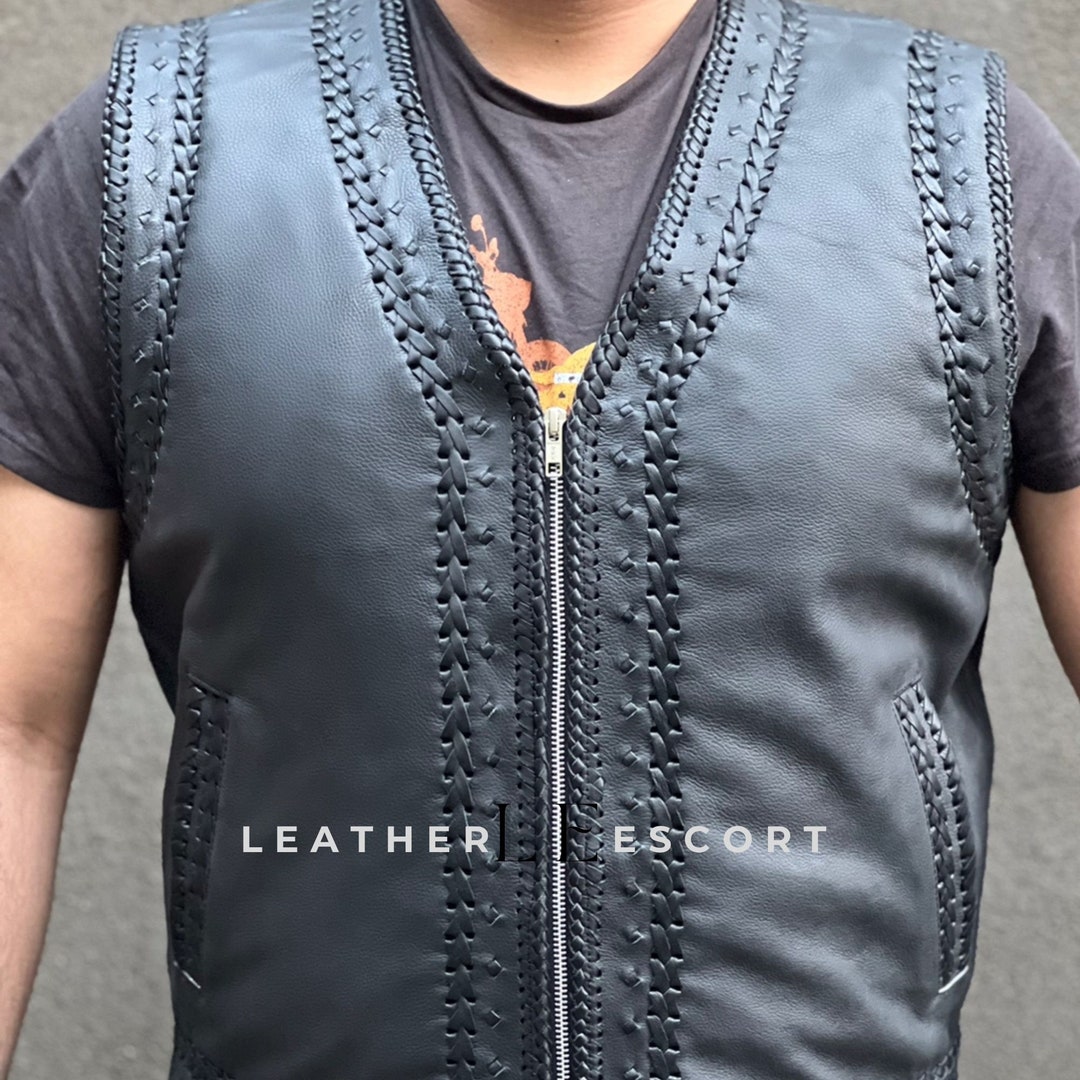 Men's Biker Vest, Custom Motorcycle Vest, Black Braided Leather Vest ...